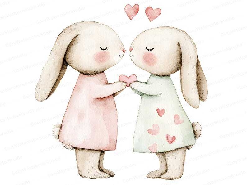 Watercolor Bunny Couple Clipart: Romantic Valentine's Art (JPG) - Etsy