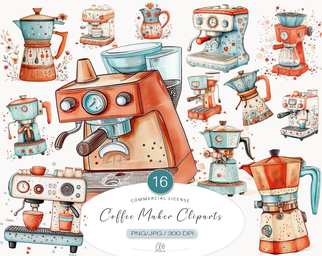 Coffee Maker Clipart Set: Vintage Espresso Machine Graphics (PNG JPG ...