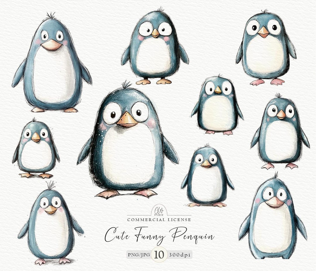 Cute Penguin Clipart Set | 10 PNG & JPG Funny Cartoon Penguins ...