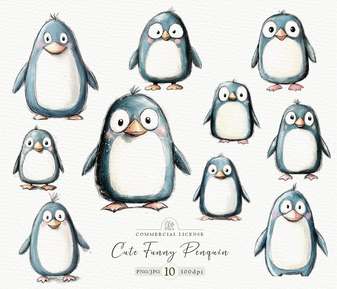 Cute Cartoon Penguin Clipart Set | Funny Digital Illustrations (PNG ...
