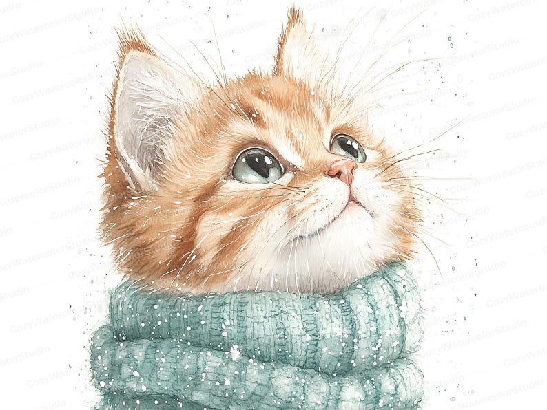 10 Winter Kitten Clipart - Watercolor Cute Cat Illustration - Instant ...