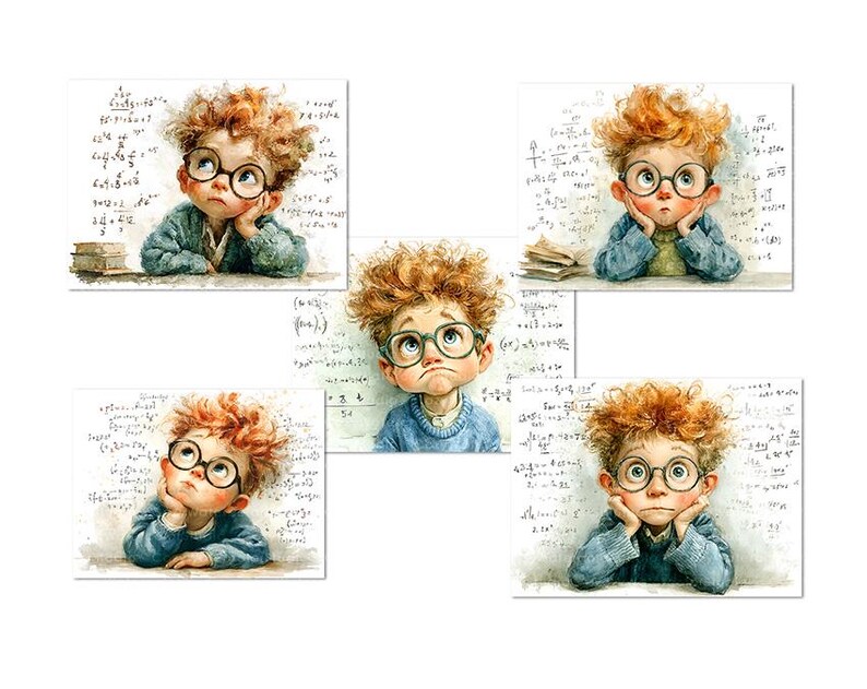 Watercolor Math Clipart: Boy With Glasses, Algebra Formulas (JPG ...
