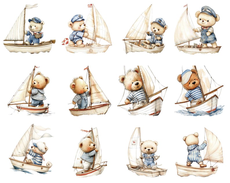 Teddy Bear Sailor Clipart: Nautical Nursery Art (PNG Digital Download ...