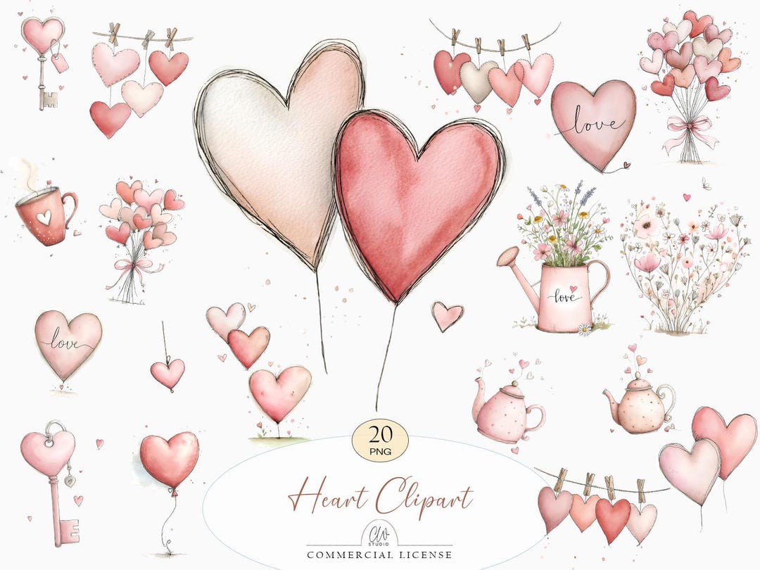 Heart Clipart Watercolor Love Valentine Romantic PNG Set - Etsy