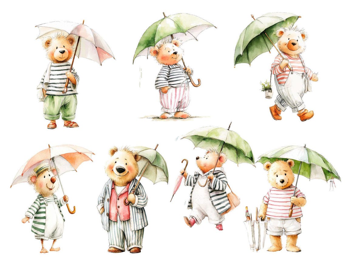 31 Rainy Day Bear Clipart PNG JPG | Watercolor Umbrella Bear Clipart ...