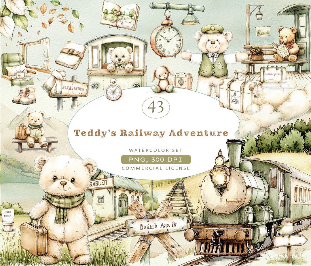 Watercolor Teddy Bear Clipart: Vintage Train Set (43 PNG, 300 DPI) - Etsy