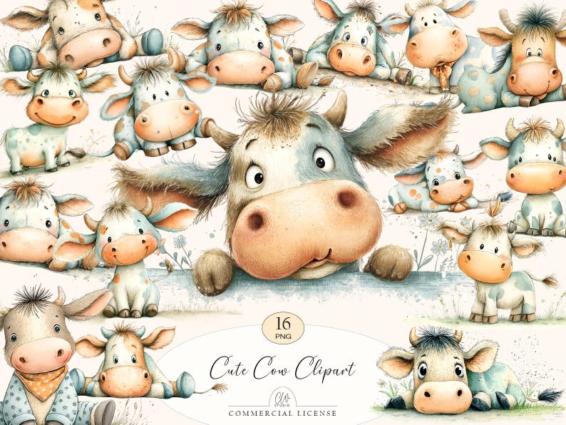 Watercolor Cow Clipart | 16 Cute Farm Animals (PNG Set) - Etsy
