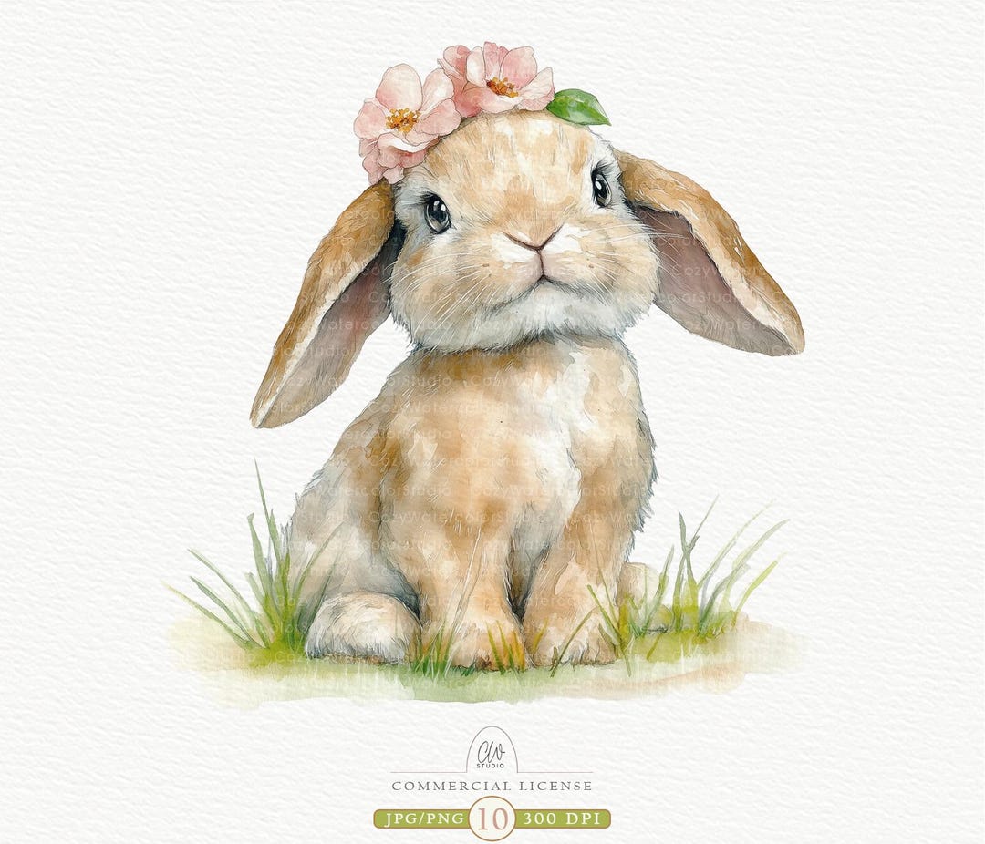 Watercolor Bunny Clipart: Easter Rabbit With Floral Crown (PNG Digital ...
