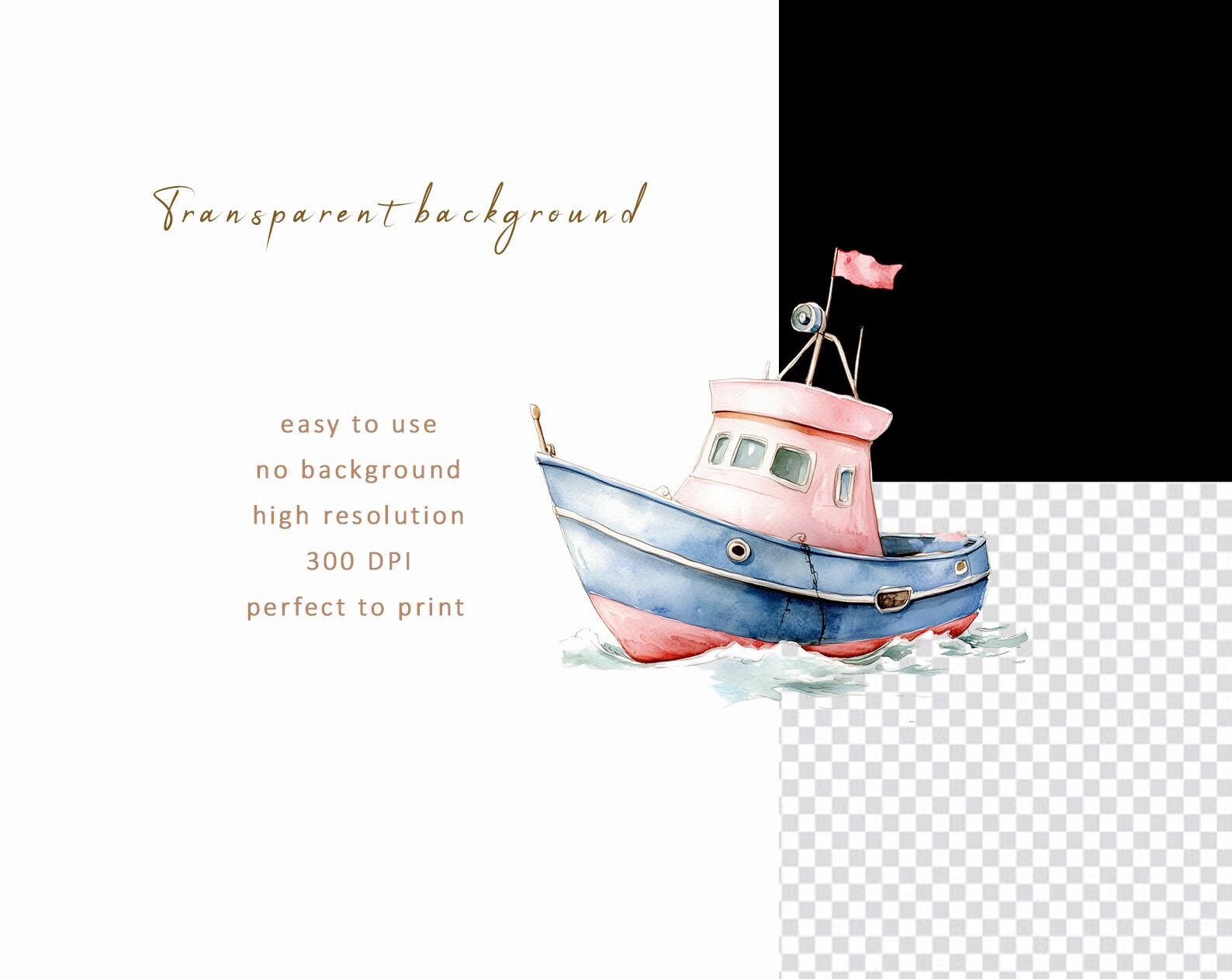 16 Nautical Boat Clipart PNG JPG | Watercolor Fishing Boat Clipart for ...