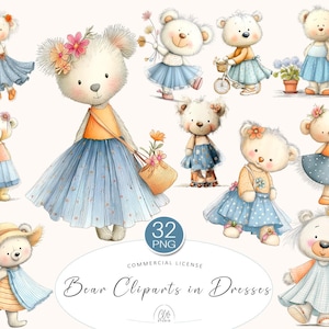 Bear Clipart Set: Watercolor Bears in Dresses, Nursery Decor (PNG Files ...