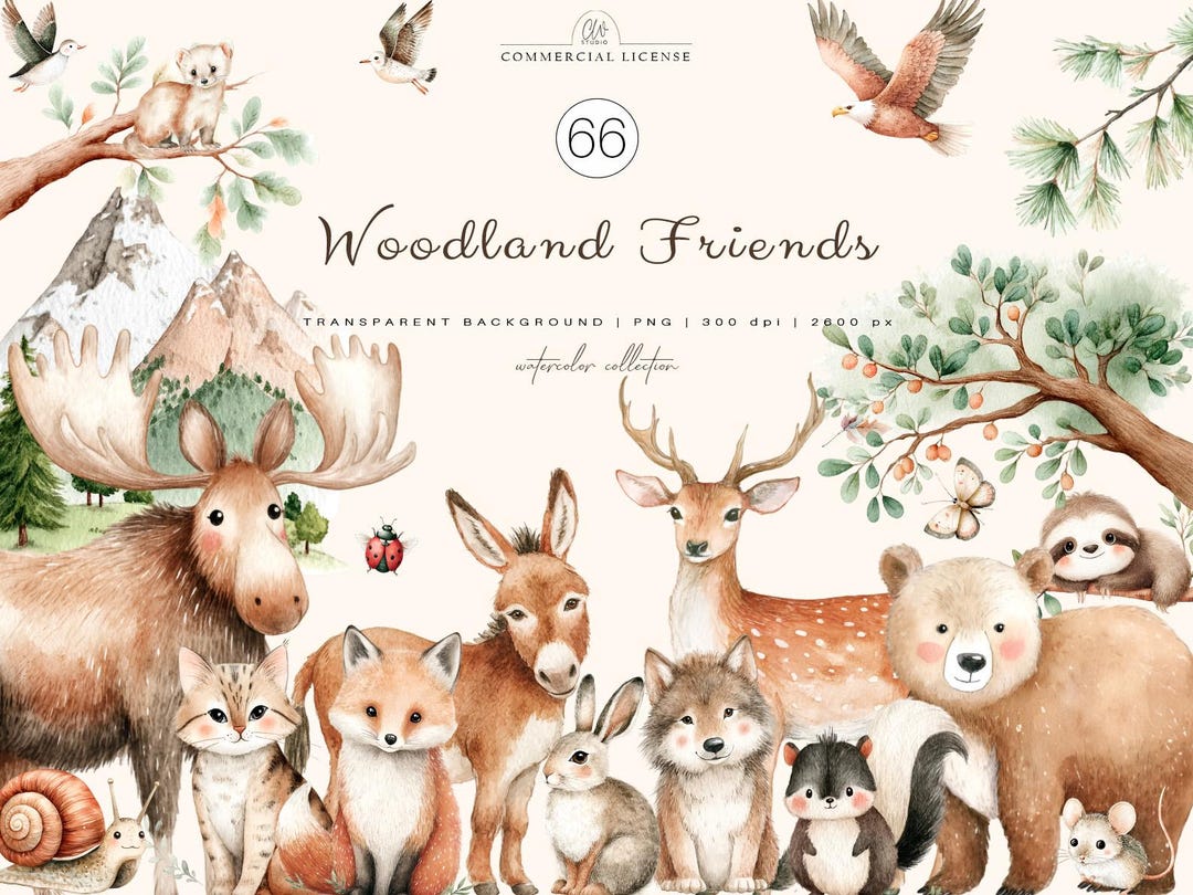 66 Woodland Animals Clipart | Watercolor Forest Friends PNG, Deer Fox ...