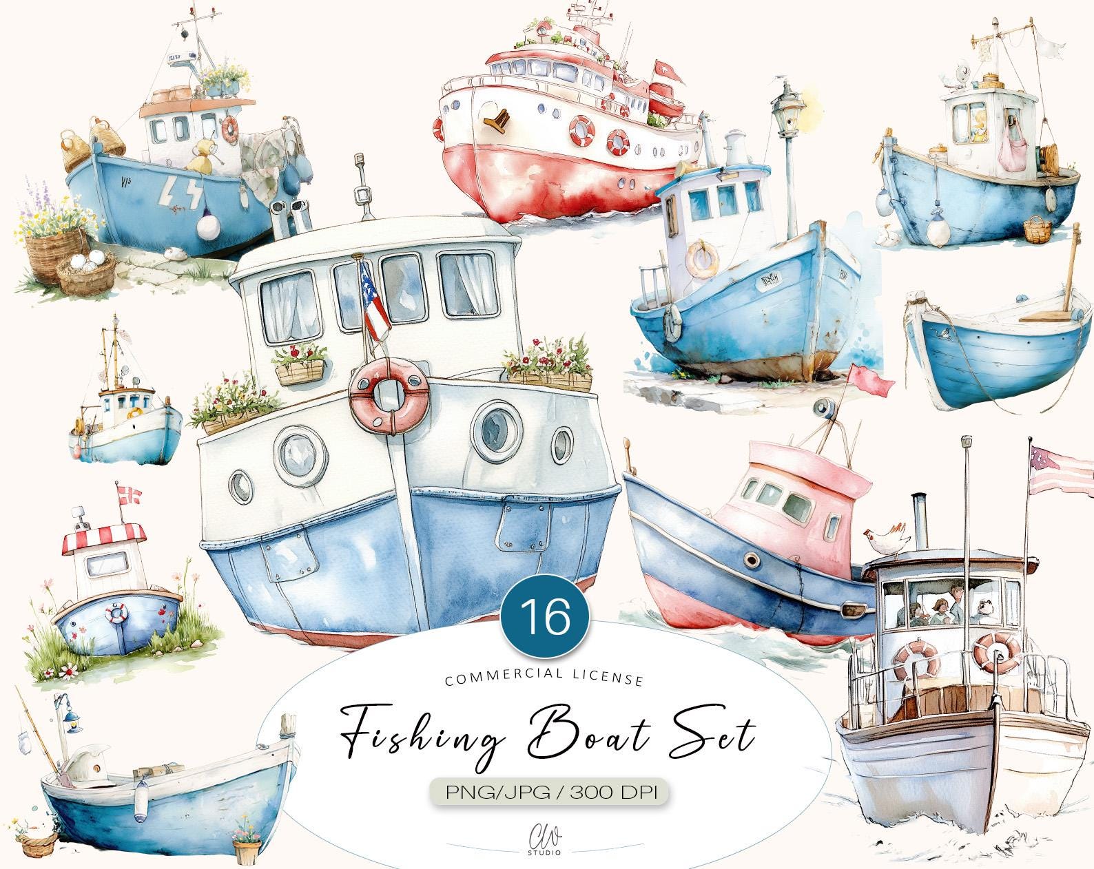 16 Nautical Boat Clipart PNG JPG | Watercolor Fishing Boat Clipart for ...