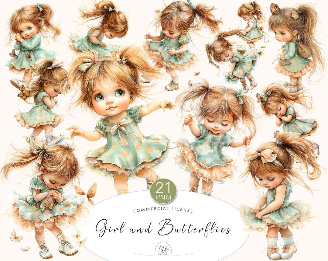 Girl With Butterflies Clipart: Vintage Scrapbooking PNG (instant ...