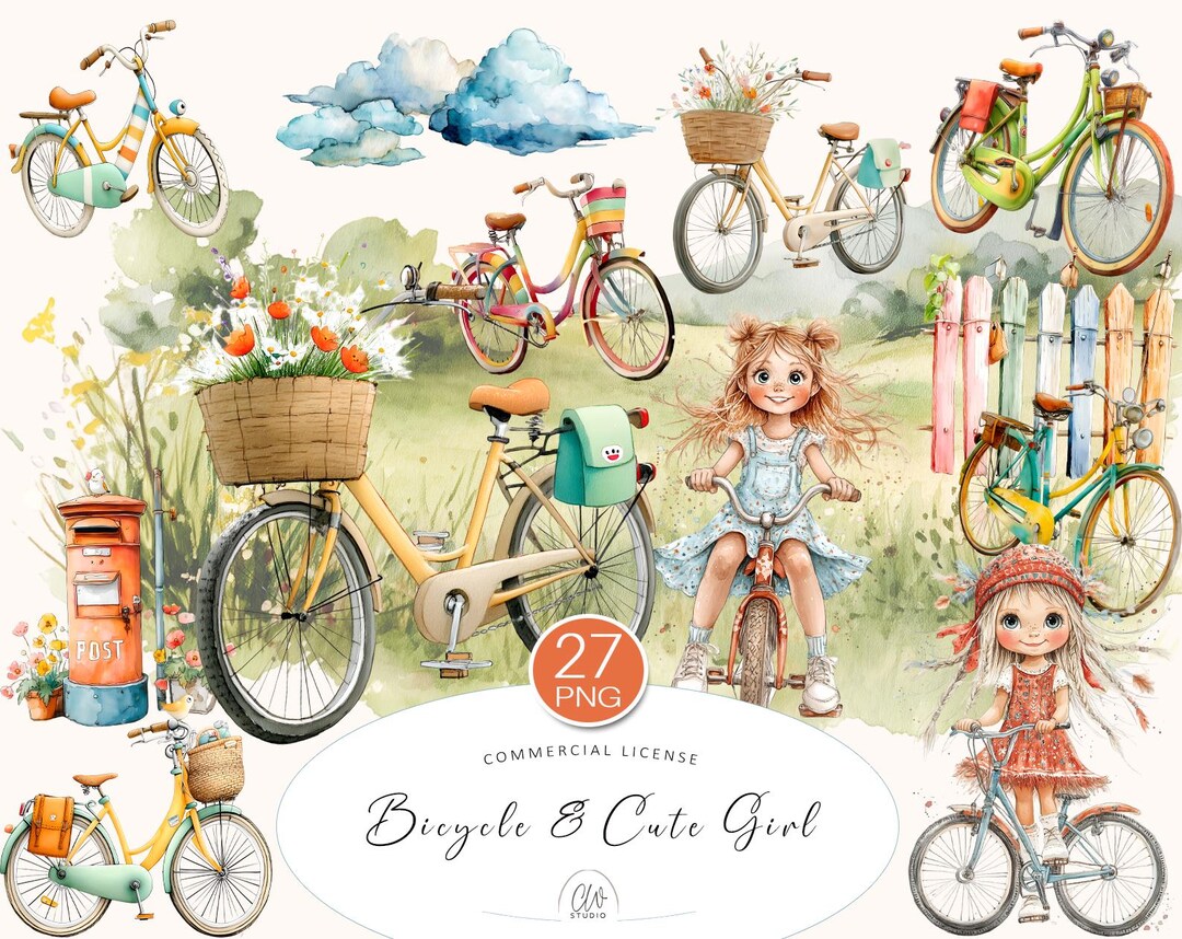 Watercolor Bicycle Clipart: Retro Bike With Girl, Summer Scrapbooking ...