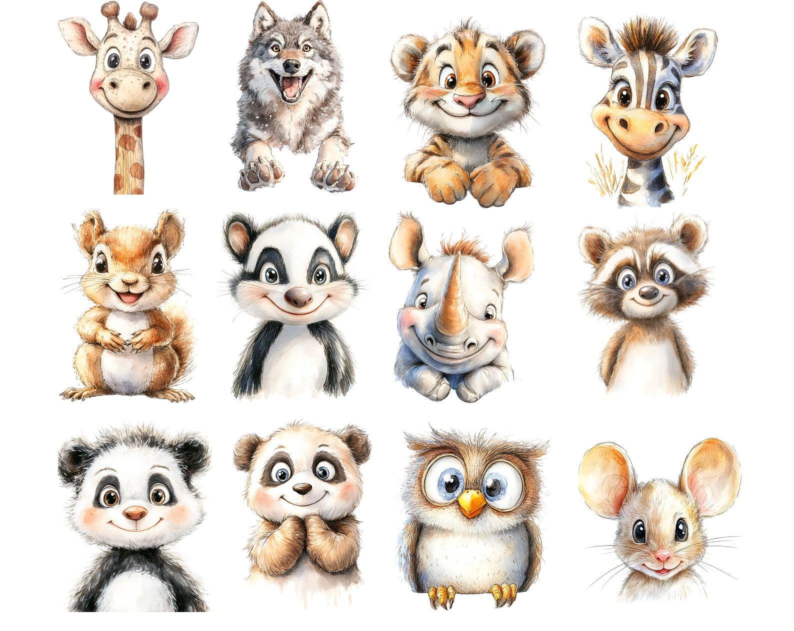Funny Jungle Animal Clipart: Cartoon Safari Faces (PNG Digital Download ...