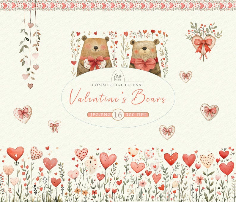 Watercolor Valentine's Day Bears Clipart Set 16 PNG JPG Cute Heart ...