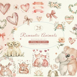 Romantic Animals Watercolor Clipart Set | 28 PNG Elements | Floral ...