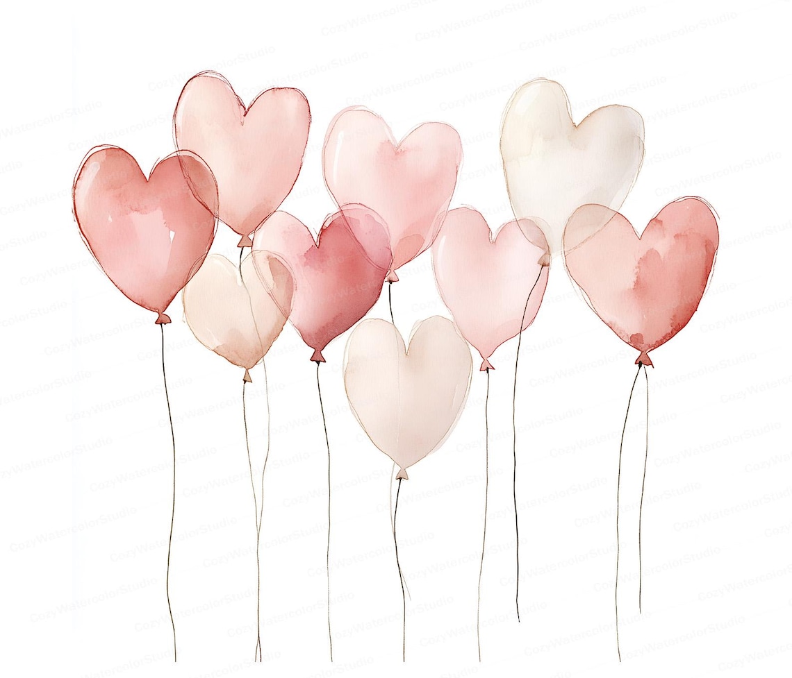 Watercolor Heart Balloons Clipart: Valentine's Day Wedding Art (digital ...
