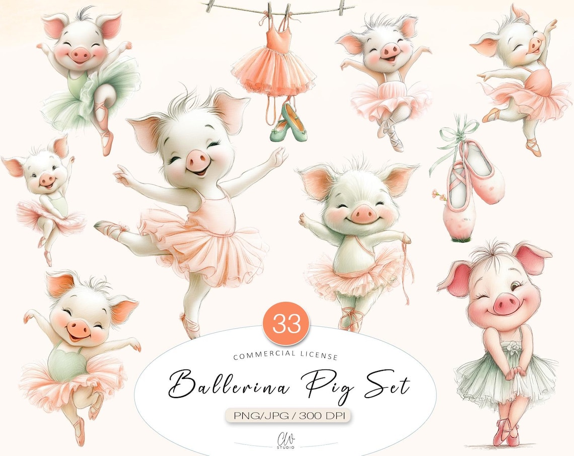 33 Ballerina Pig Clipart PNG JPG | Cute Ballet Piggy Illustrations for ...
