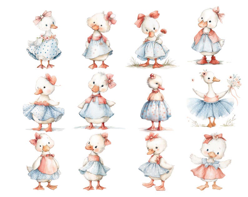 24 Duck Clipart in Dress PNG | Watercolor Cute Duckling Clipart for ...