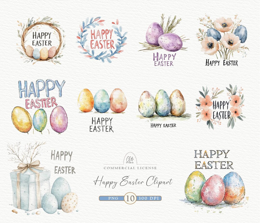 Watercolor Easter Clipart - Happy Easter 10 PNG - Pastel Eggs and ...