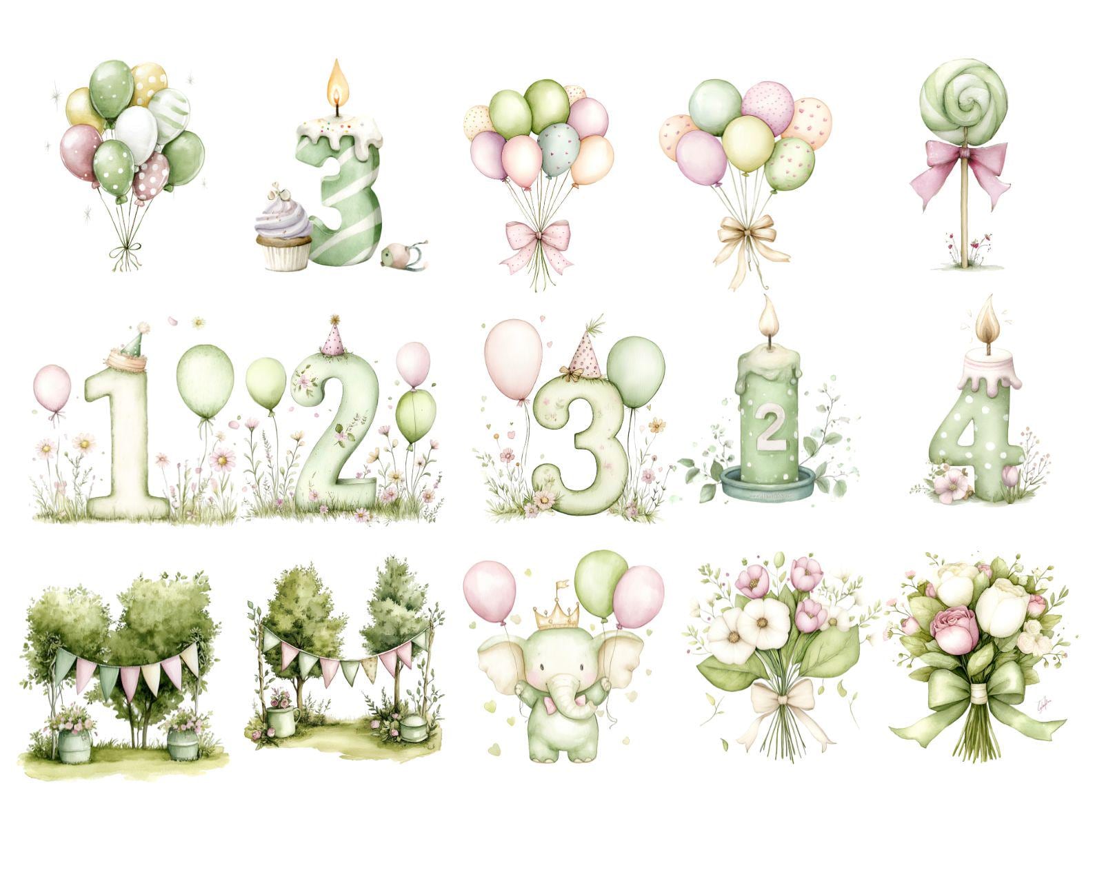 45 Watercolor Birthday Party Clipart Set | Green & Pink Kids Party PNG ...