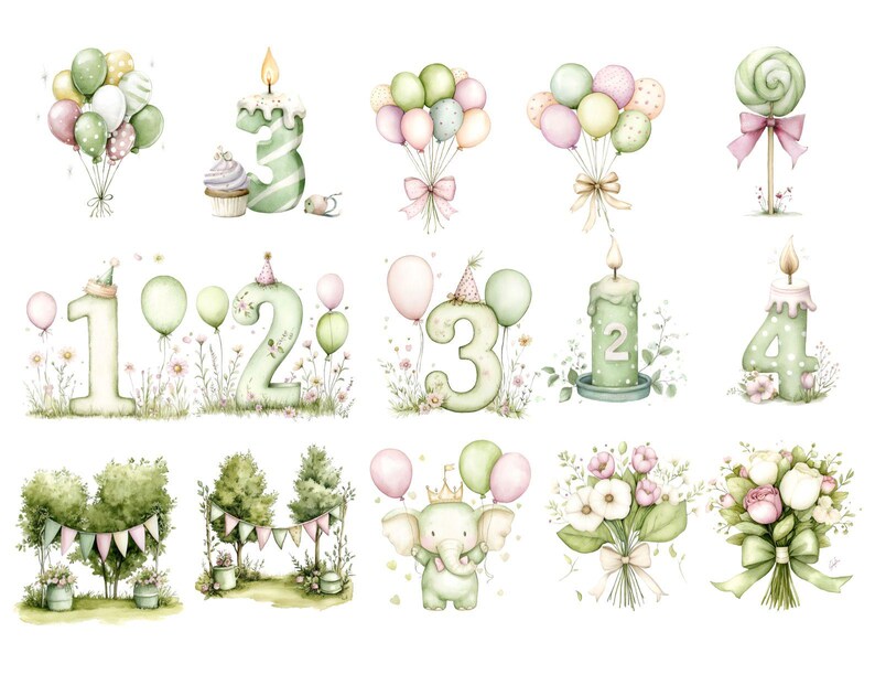 45 Watercolor Birthday Party Clipart Set | Green & Pink Kids Party PNG ...