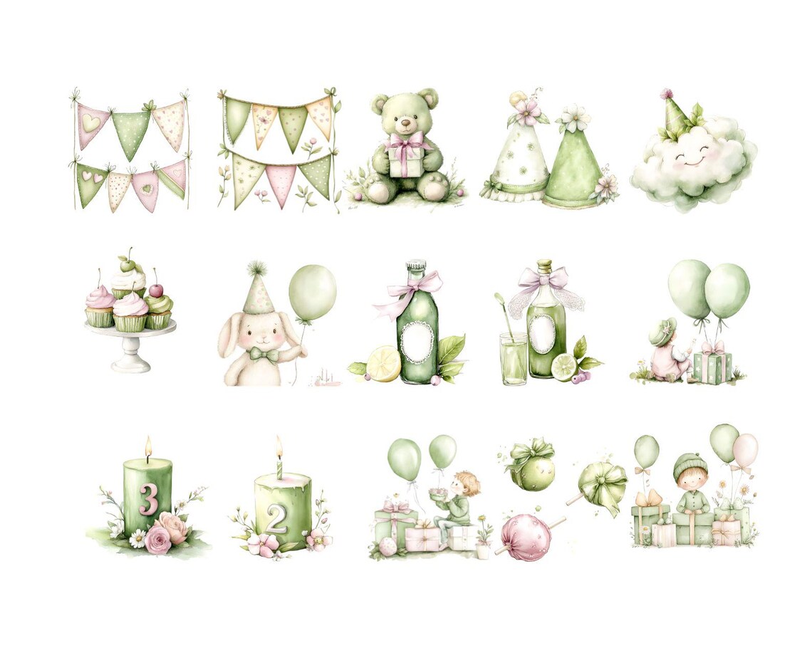 45 Watercolor Birthday Party Clipart Set | Green & Pink Kids Party PNG ...