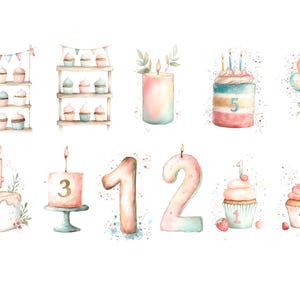 21 Pastel Birthday Cliparts - Watercolor Pngs With Cakes, Numbers ...