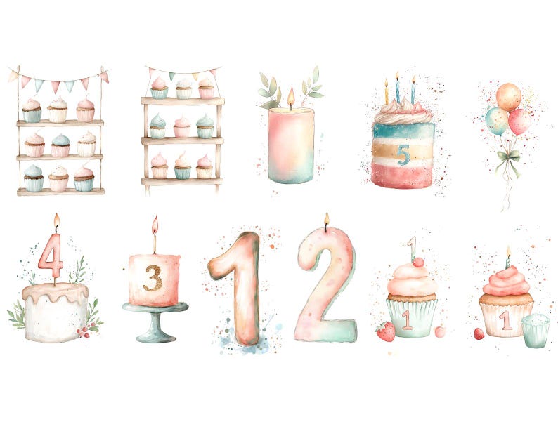 Pastel Birthday Clipart: Watercolor Cakes, Balloons, Numbers (PNG ...