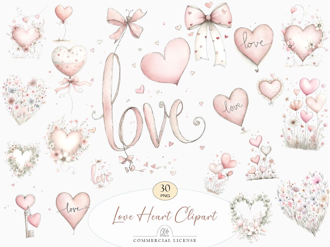 Love Heart Clipart Watercolor Romantic Valentine Nursery PNG Set - Etsy
