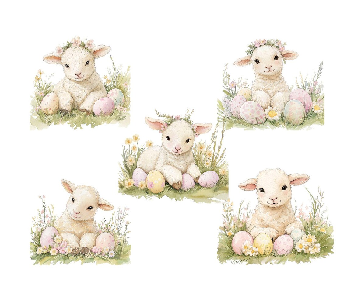 Easter Lamb Clipart - 10 PNG JPG - Pastel Spring Watercolor Baby Sheep ...