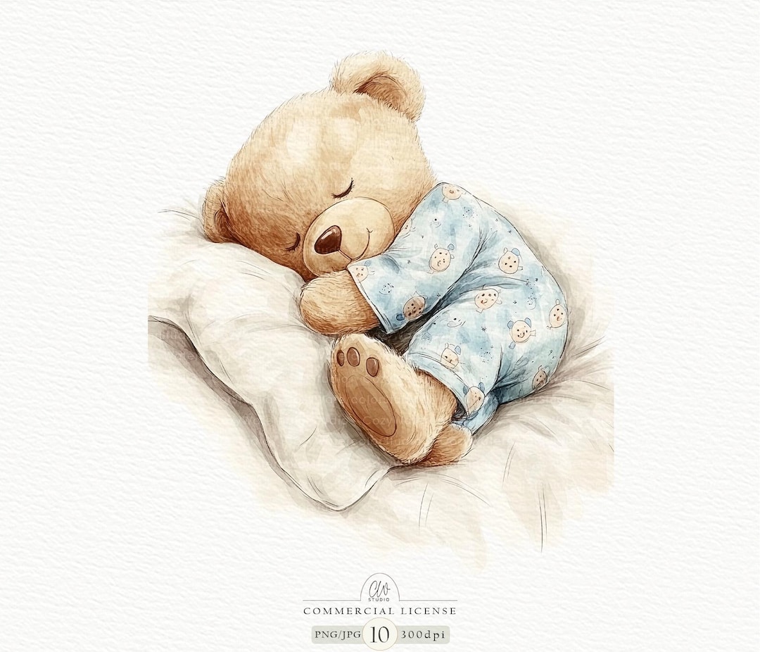 Watercolor Sleeping Teddy Bear Clipart: Nursery Art (digital Download ...