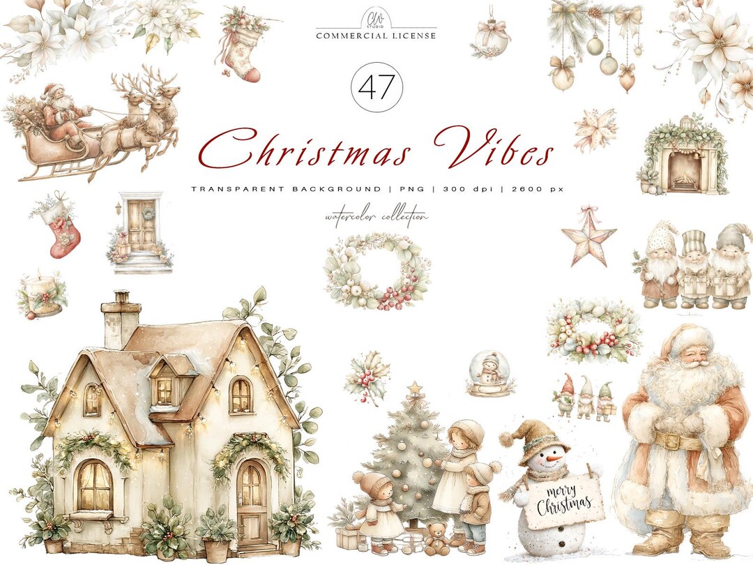 47 Christmas Clipart | Watercolor Santa Claus House Tree PNG, Cozy ...