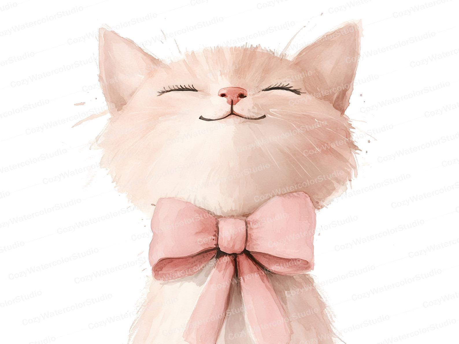 Watercolor Kitten Clipart: Smiling Cat With Pink Bow (JPG) - Etsy