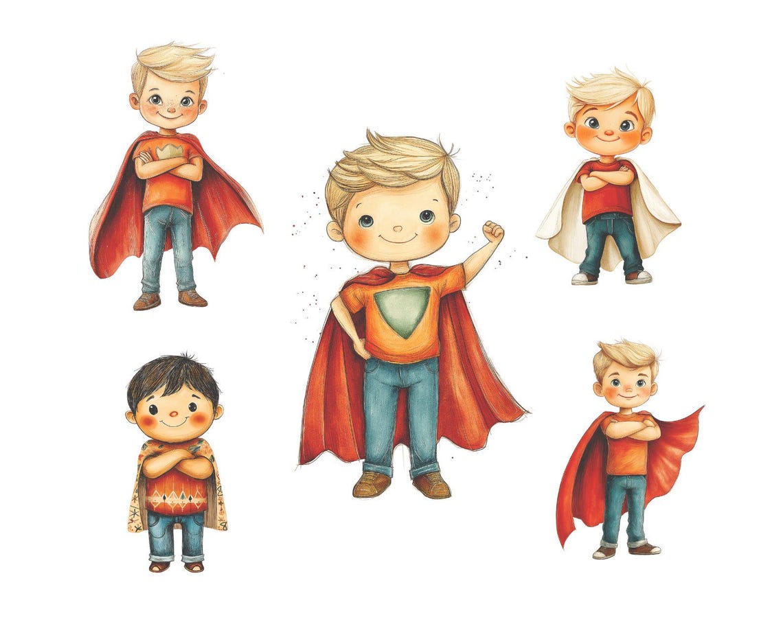 10 Superhero Boy Clipart Set | Cute PNG Illustrations for Kids ...