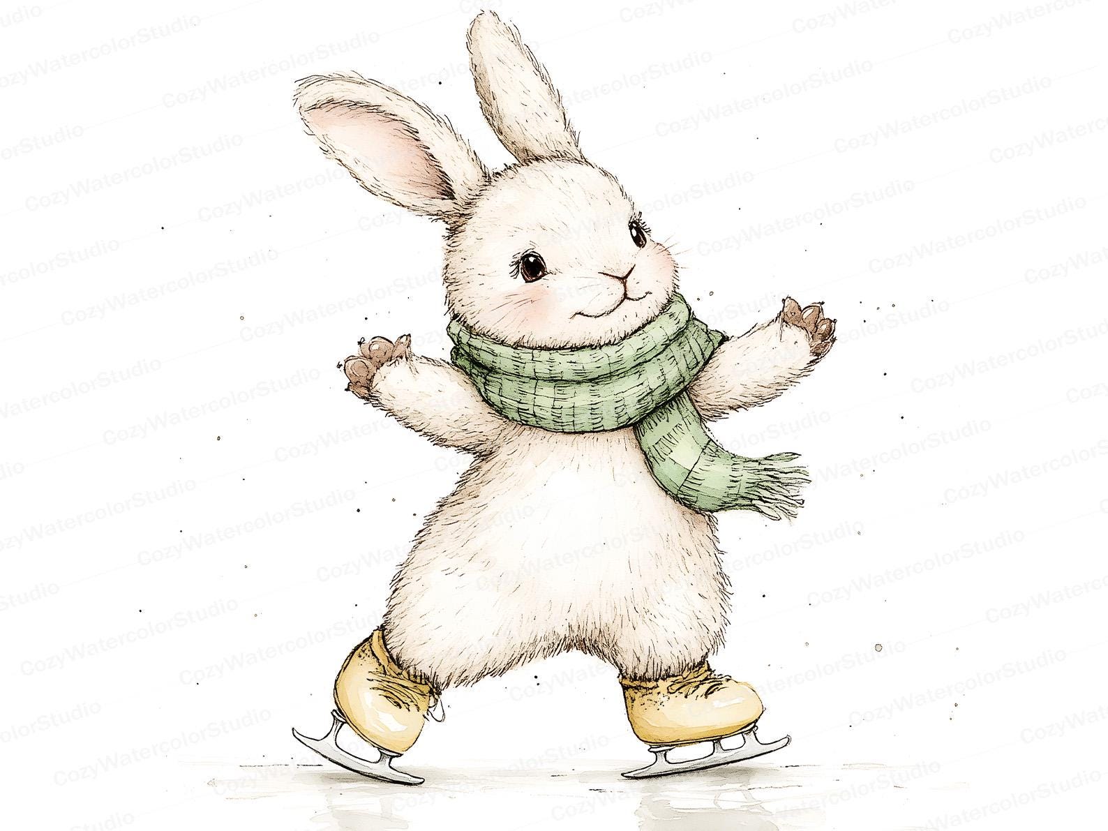 Bunny Ice Skating, 10 Watercolor Clipart - Winter Animal Illustration ...