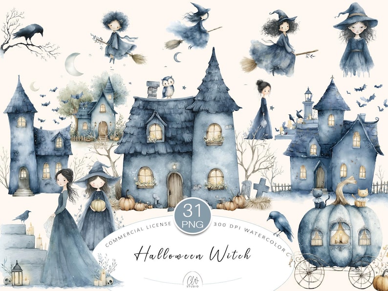 31 Halloween Witch Clipart | Watercolor Haunted Houses, Witches, Spooky ...