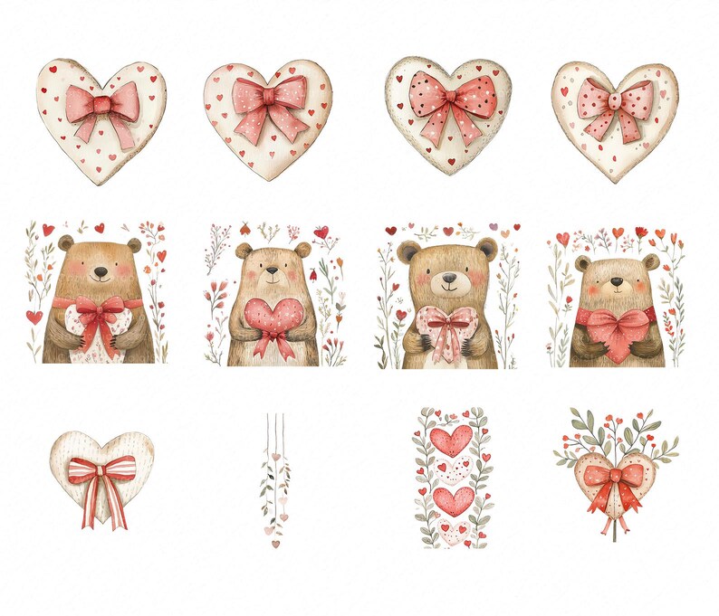 Watercolor Valentine's Day Bears Clipart Set 16 PNG JPG Cute Heart ...
