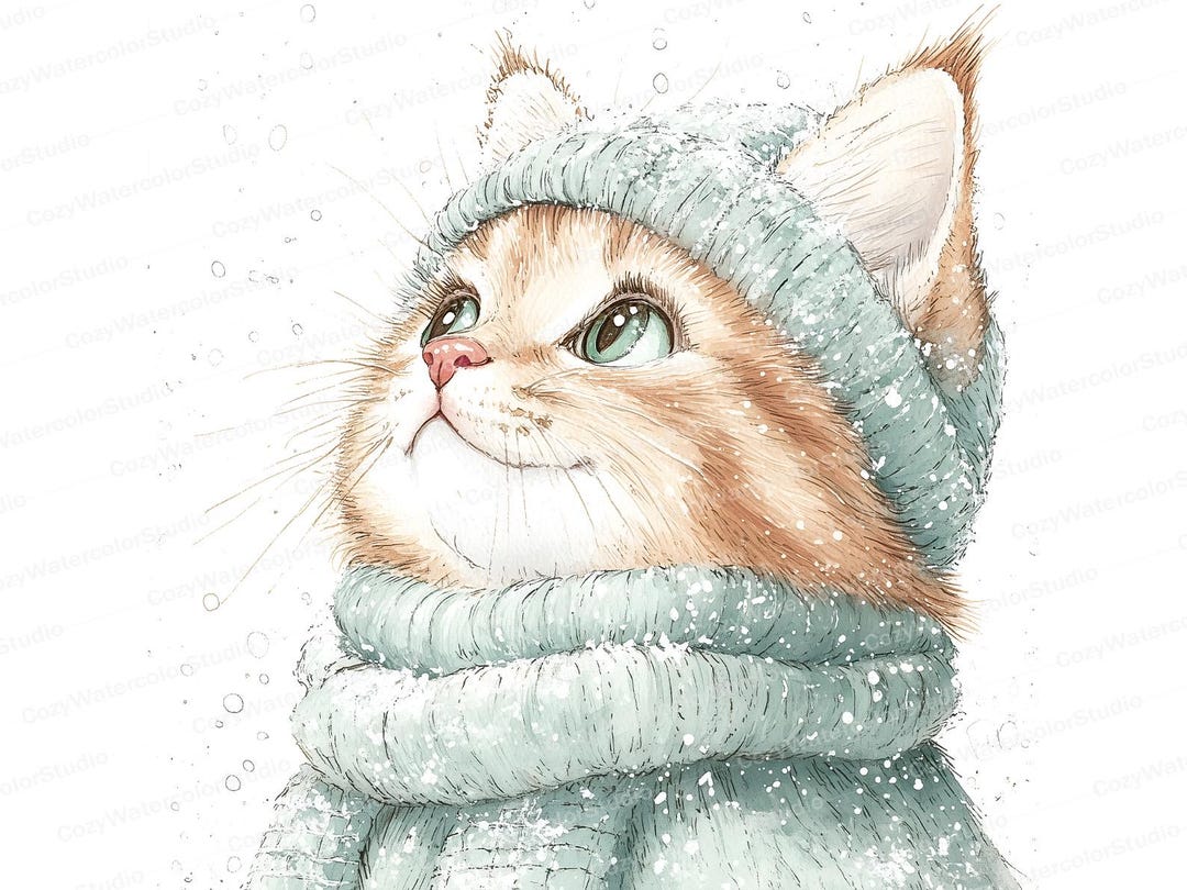 10 Winter Kitten Clipart - Watercolor Cute Cat Illustration - Instant ...