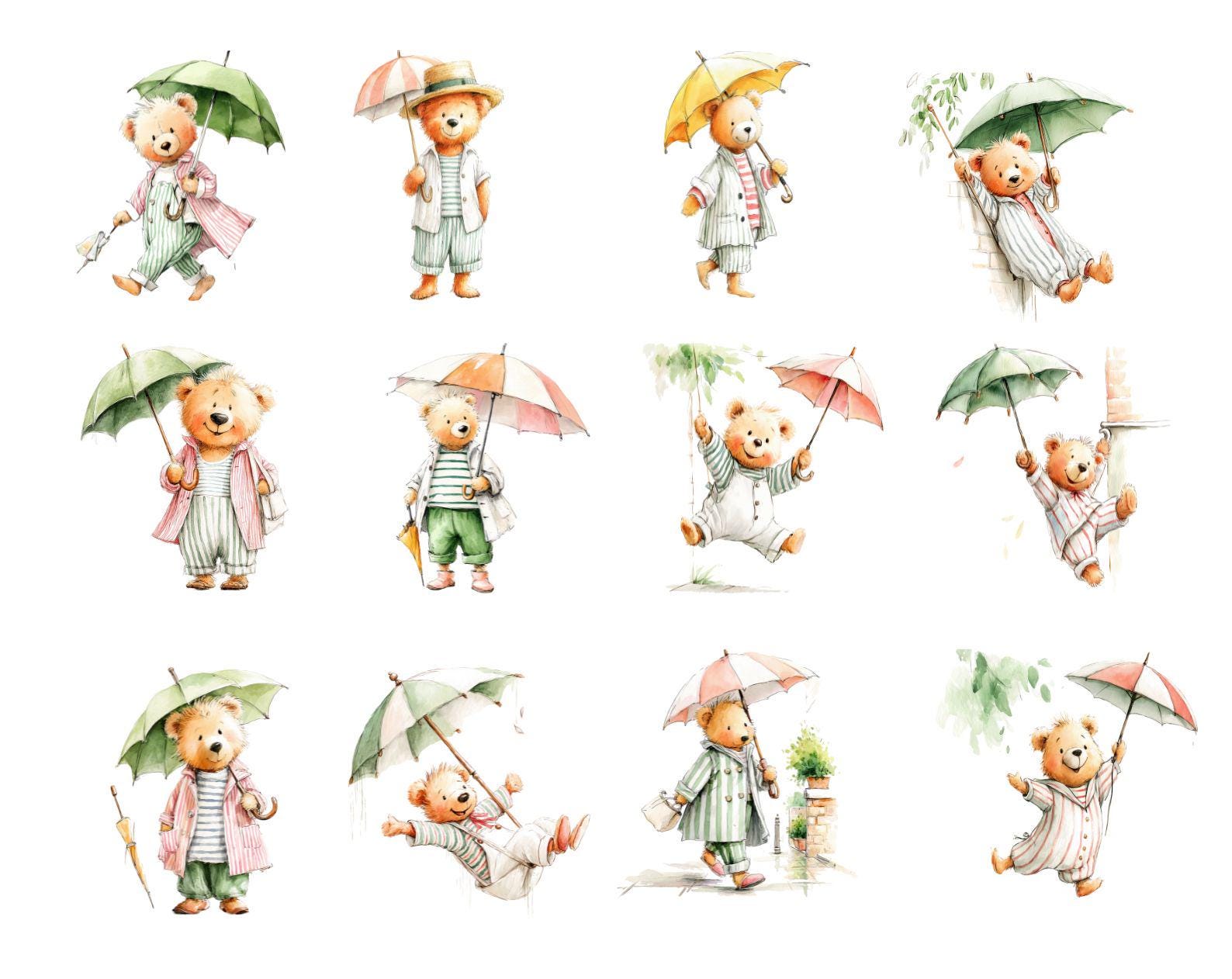 31 Rainy Day Bear Clipart PNG JPG | Watercolor Umbrella Bear Clipart ...