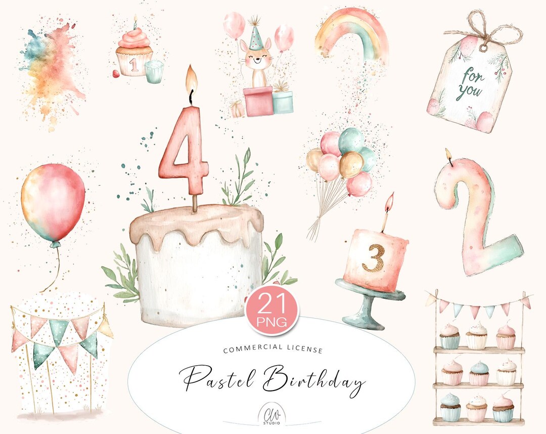 Pastel Birthday Clipart: Watercolor Cakes, Balloons, Numbers (PNG ...