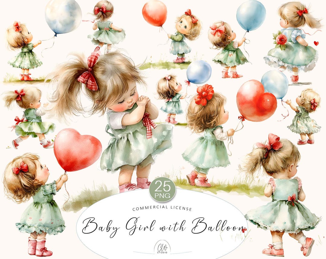 Watercolor Baby Girl Clipart: Balloons & Green Dress (PNG Digital ...
