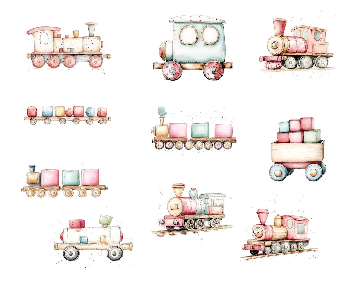 Pastel Train Clipart: Vintage Railway Illustrations (PNG JPG Digital ...