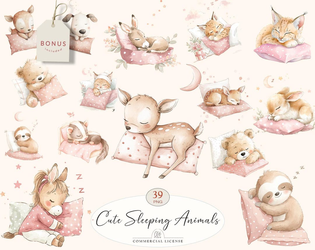 39 Sleeping Animals Clipart | Watercolor Baby Animals PNG, Nursery ...