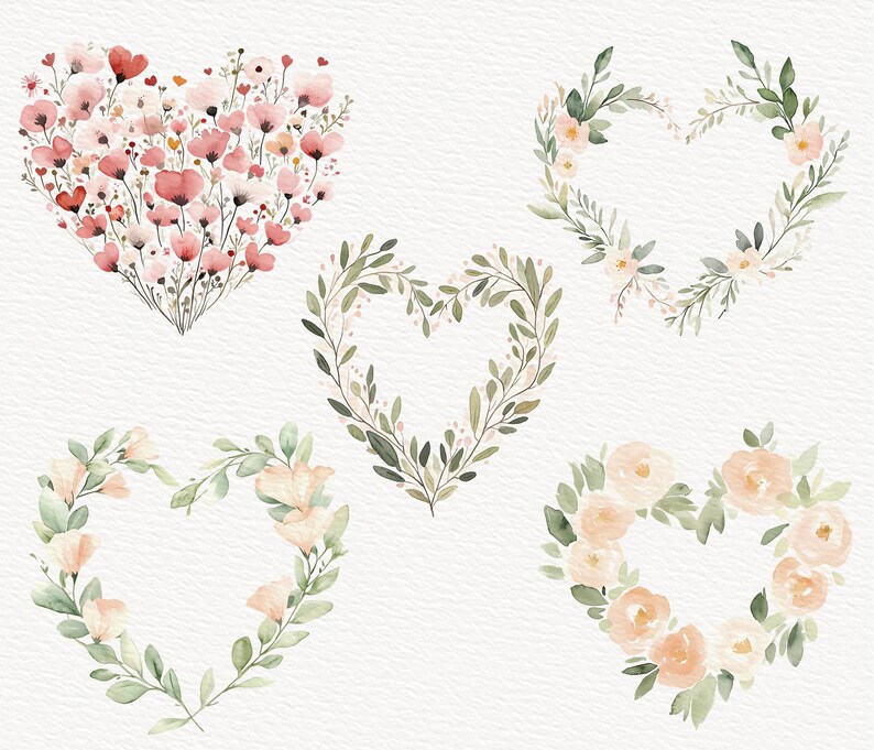 Romantic Floral Wreaths Clipart | 10 Watercolor Heart Pngs | High ...