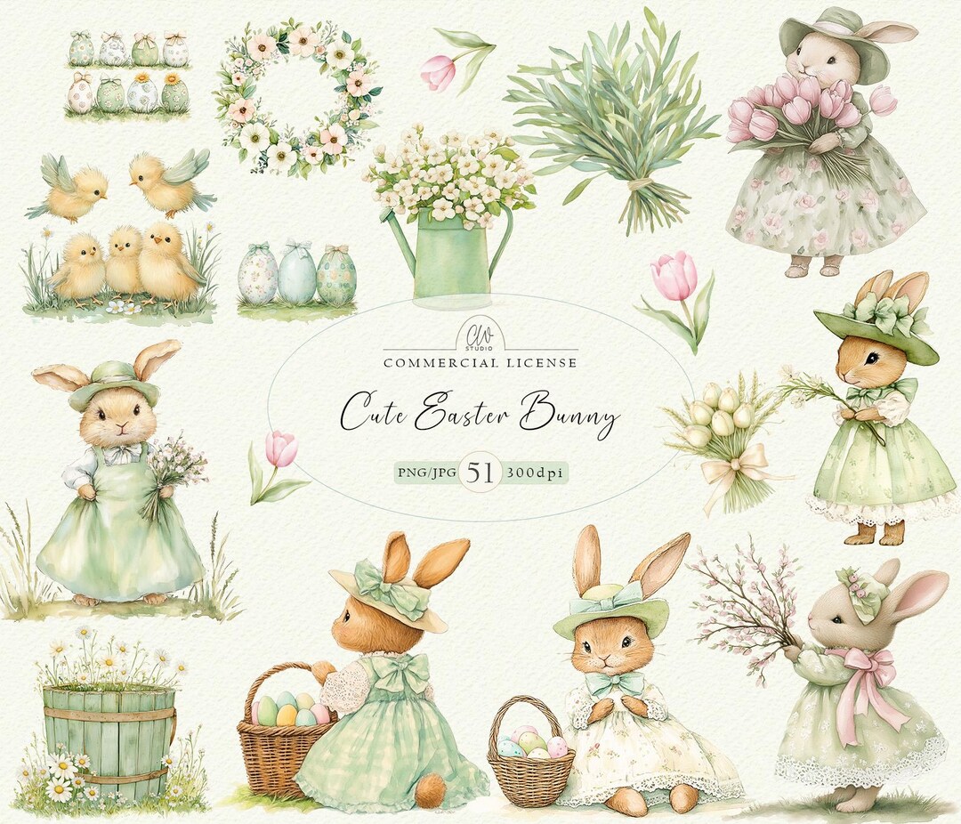 Easter Bunny Clipart - Cute Spring 51 PNG & JPG Set - Vintage Easter Elements - Pastel Rabbit ...