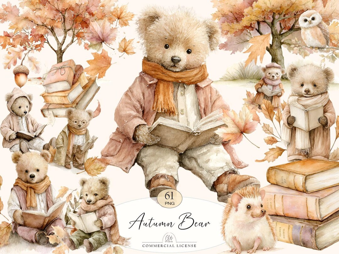 61 Autumn Bear Clipart | Watercolor Cozy Fall Animals, Reading Books ...