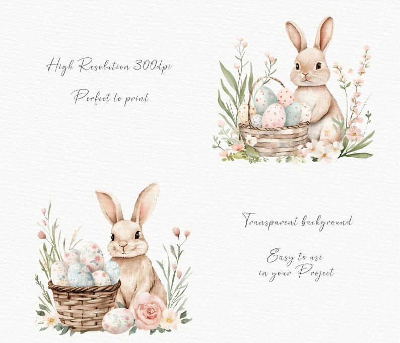 Watercolor Easter Bunny Clipart – Rabbit, Eggs PNG JPG (digital ...