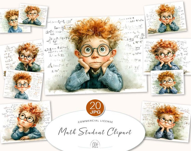 Watercolor Math Clipart: Boy With Glasses, Algebra Formulas (JPG ...